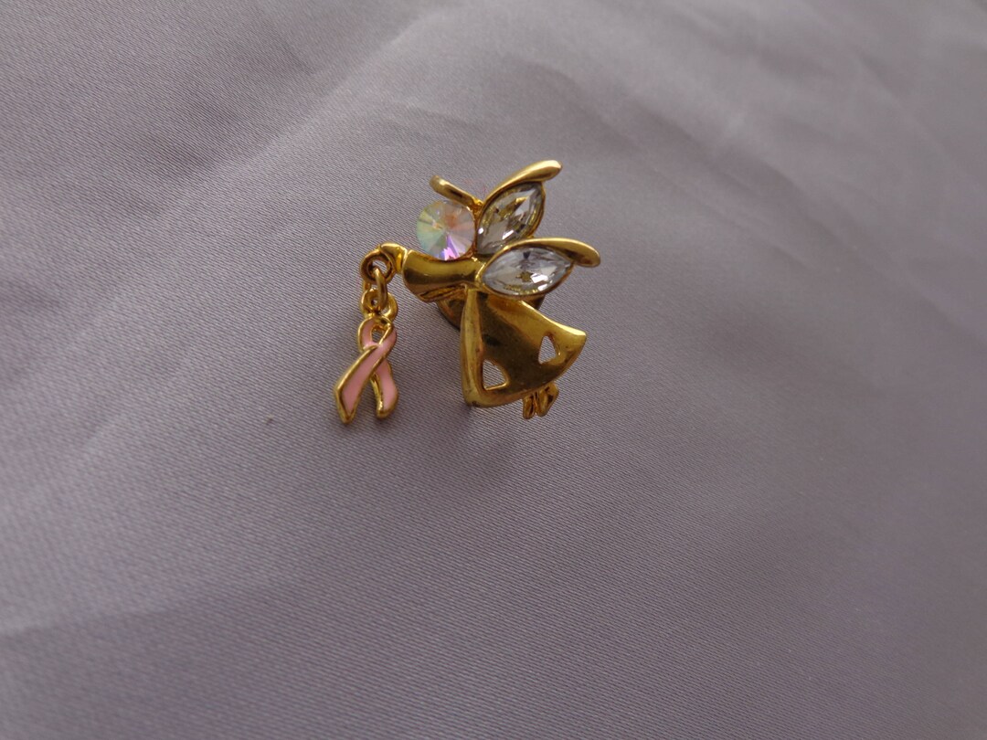 PINK RIBBON ANGEL Brooch - Pink Ribbon Angel Brooch Tac Pin. Gold Tone ...