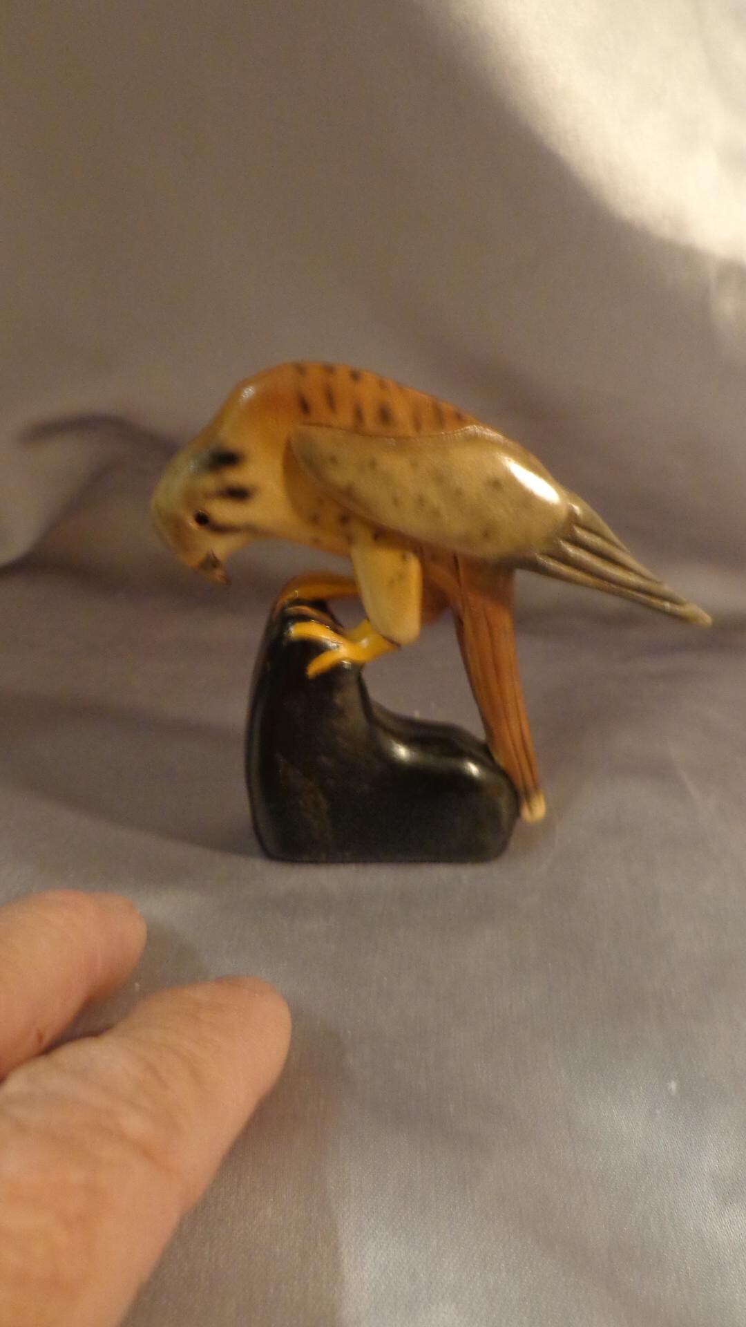 WOODEN KESTREL HANDCARVED 2001 Signed by Artist - 3"h X 4"l X 3/4"w ...