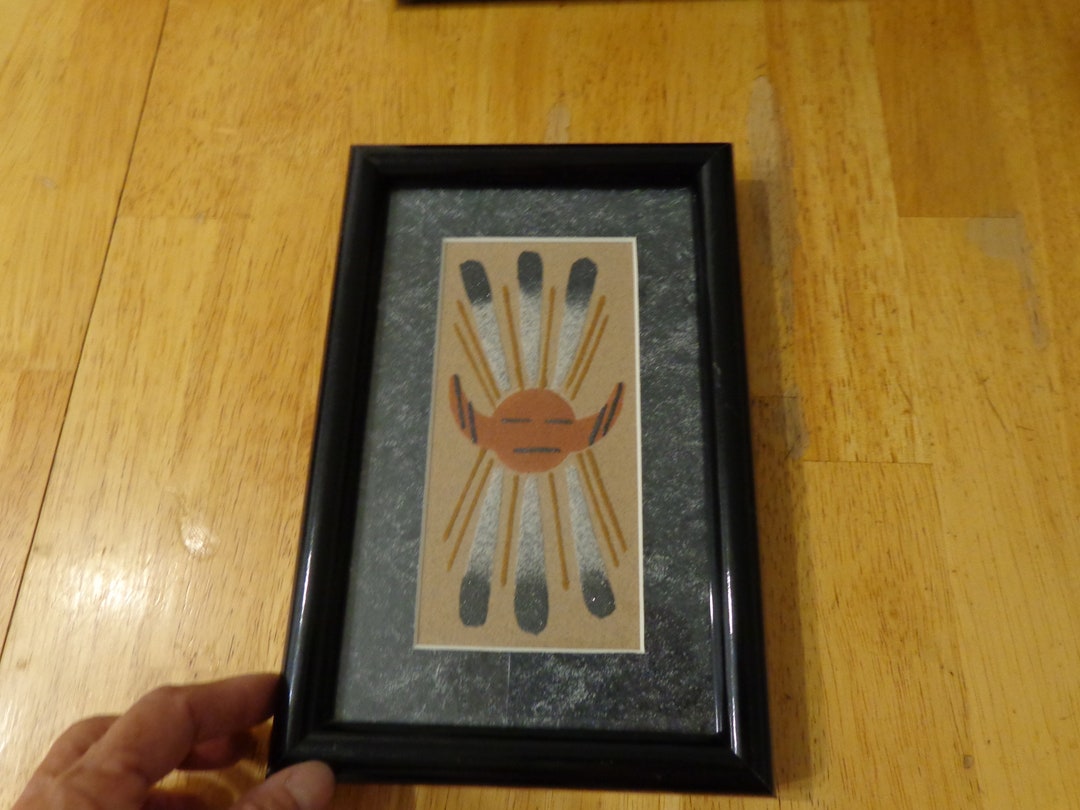 NAVAJO SUN SHIELD 9"x 6" Framed Sand Painting of Sun Shield Authentic ...