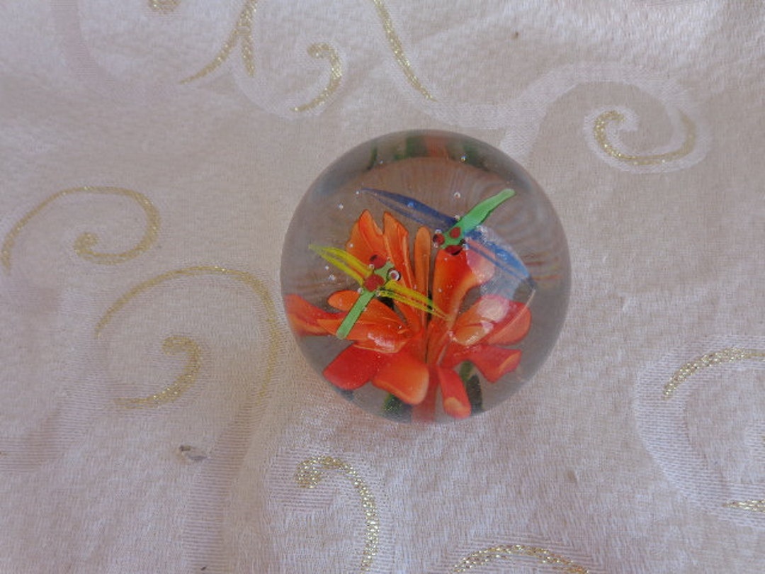 DRAGONFLY FLORAL Paperweight - 2 1/2" Glass Paperweight With Orange ...