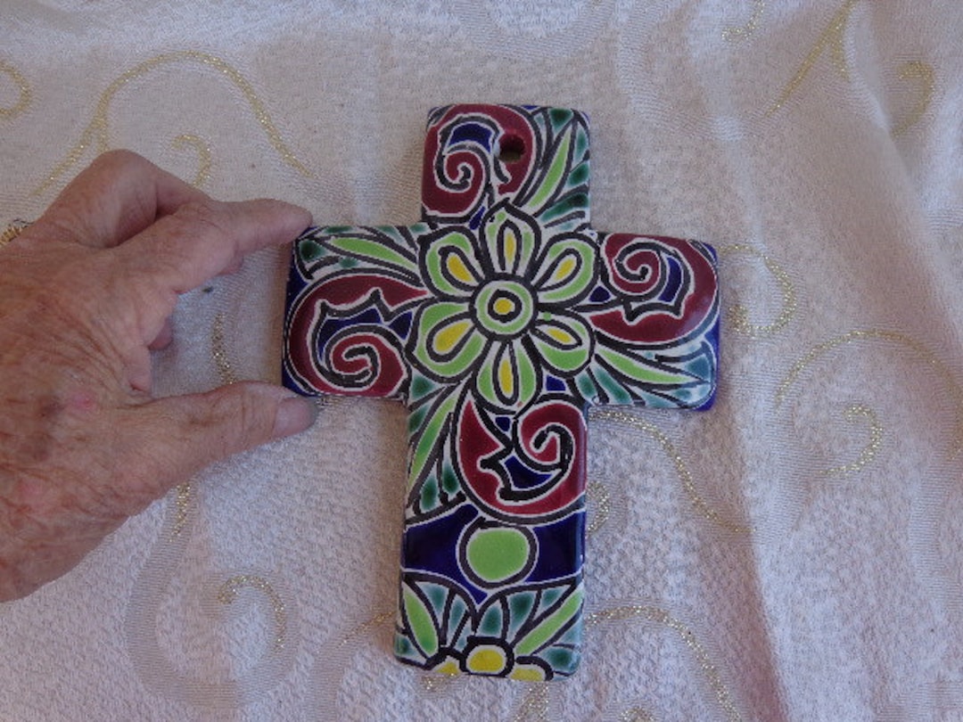 MEXICAN CLAY CROSS - Hand Painted Red Clay Wall Cross - 7"h X 5 1/2"w X ...