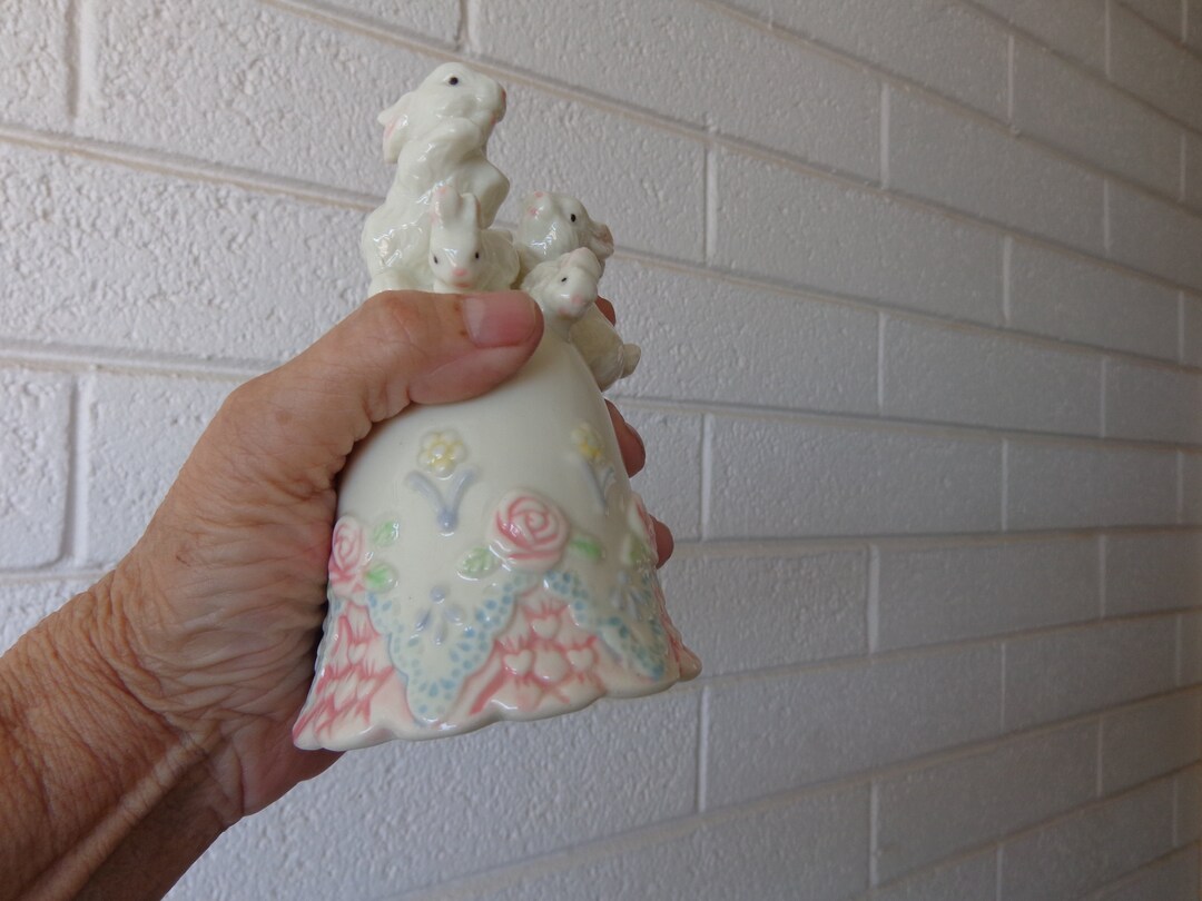PORCELAIN BUNNY BELL -hand Painted Porcelain Bell - Bunny Family on Top ...