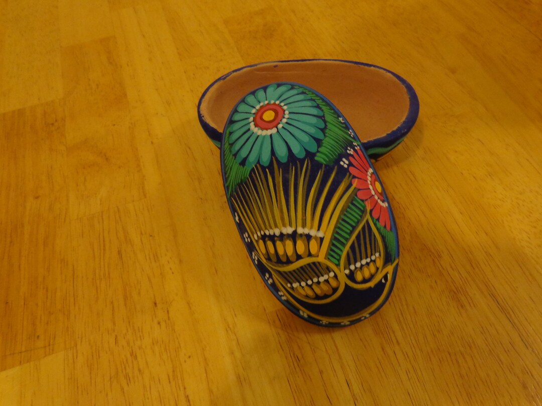CLAY FOLK ART Trinket Box With Hand Painted Lid - 5" X 3" - Mexico Folk ...