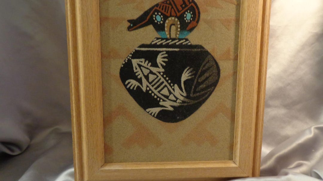 NAVAJO BEAR and POTTERY E Tyler Signed Sand Painting 16"h X 10"w Signed ...