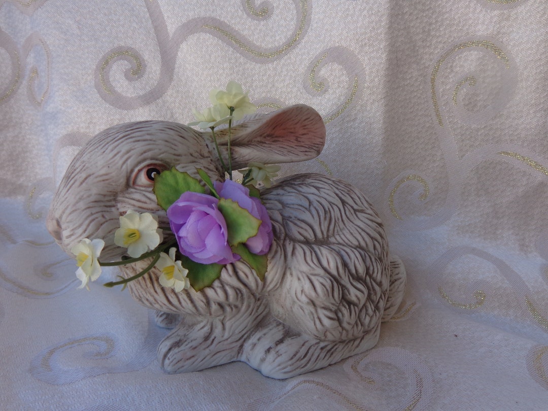 HAND PAINTED 8" CERAMIC Brown Bunny Rabbit With Silk Flowers on Neck - Etsy