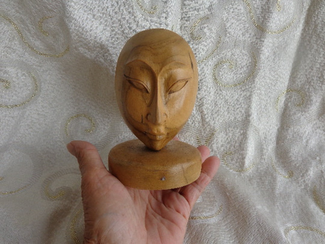 PEACEFUL CARVED WOODEN Face - 5"h 3 1/4"d - Hand Carved Slanted Eye ...