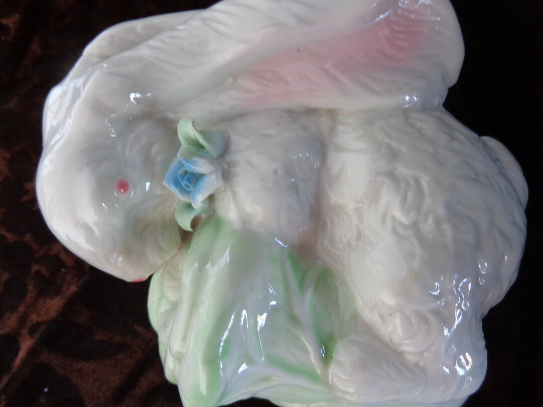 Beautiful Pink Eyed Reclining Bunny With Cabbage and Applied Flowers ...