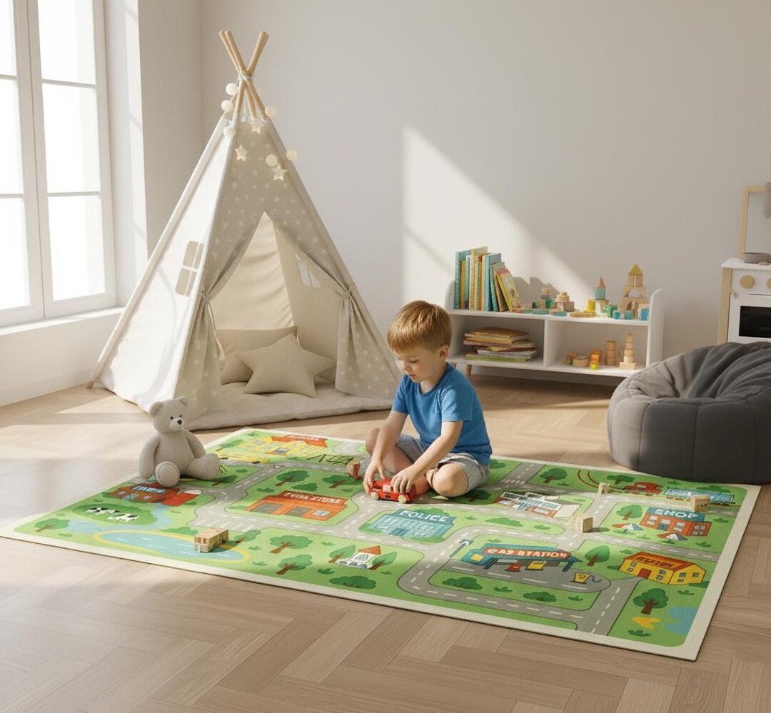 Kids Road Map Play Mat: PU Leather City Rug, Nursery Decor - Etsy