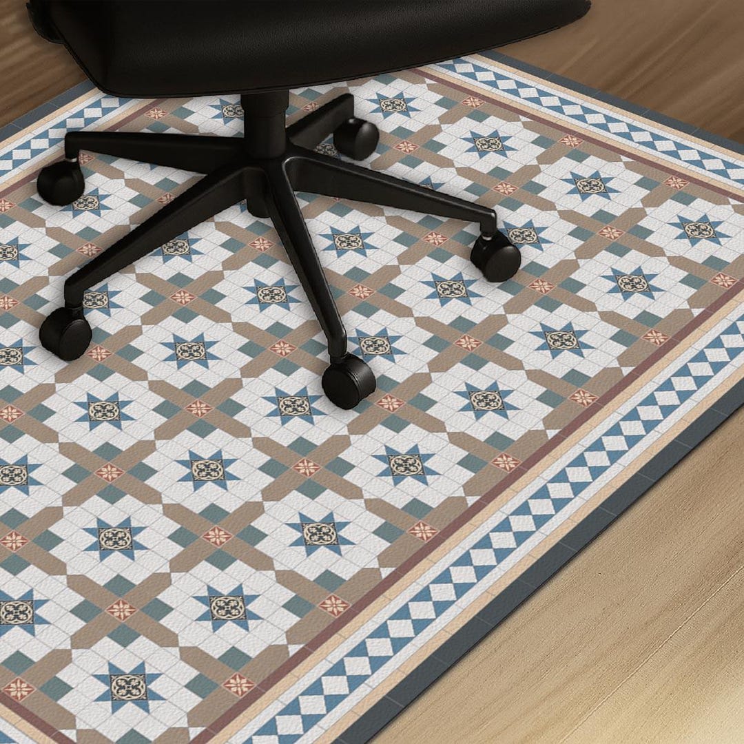 Victorian Tile Chair Mat: Classic Blue & Brown Geometric Floor ...