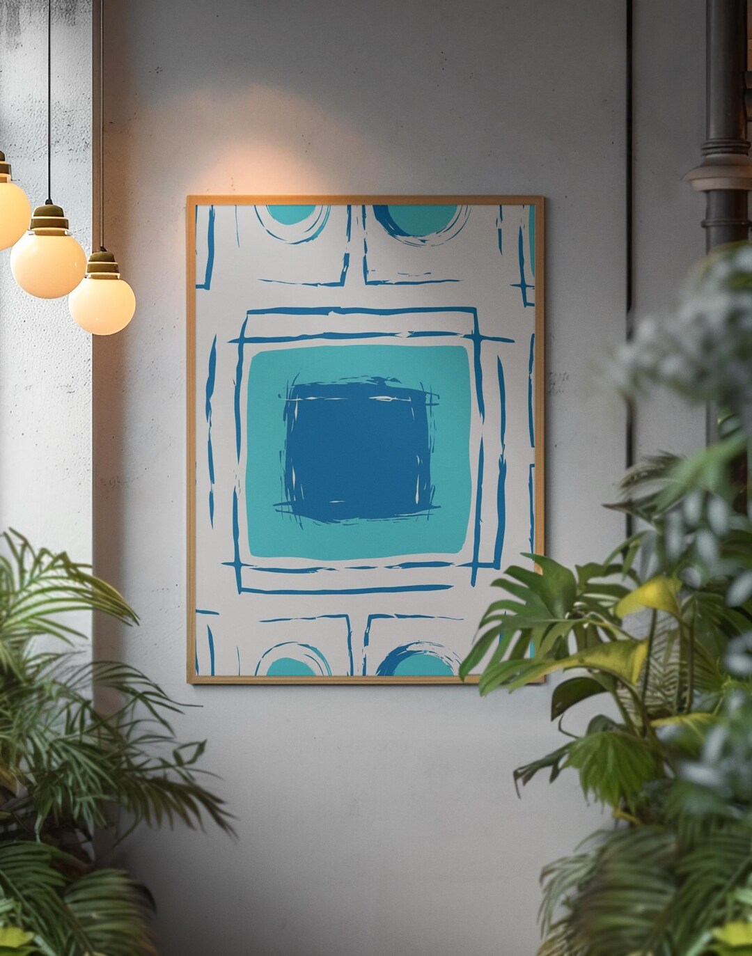 Poster GRID — Digital Abstract Print With Blue Squares and Circles, Mid ...