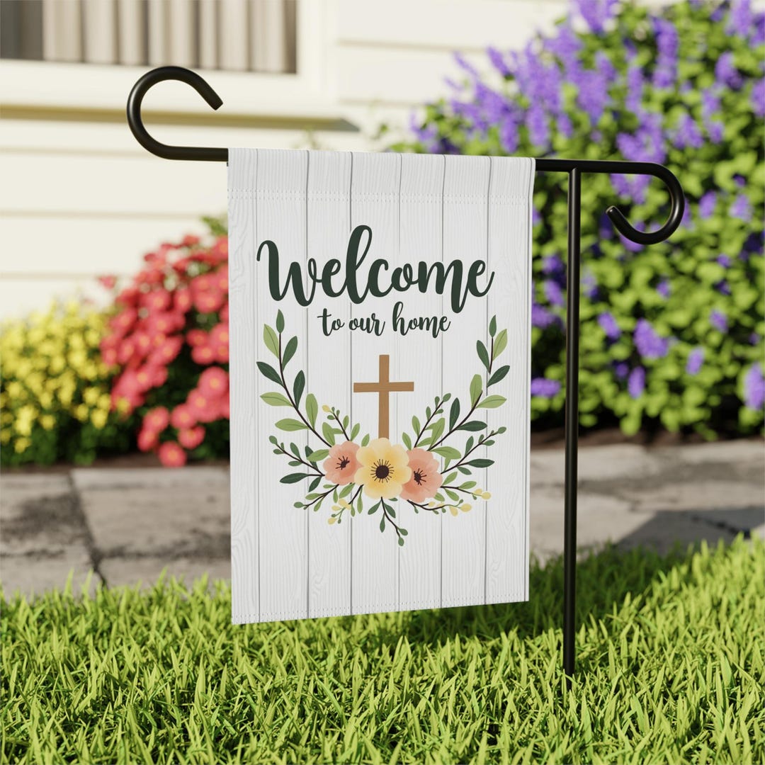 Garden Flag, Cross & Flowers Welcome Banner for Outdoor Yard Decor ...