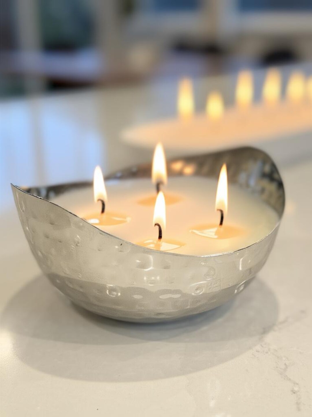 Hammered Curved | Handcrafted 4 Wick Silver Metal Bowl Candle | 18 Oz ...