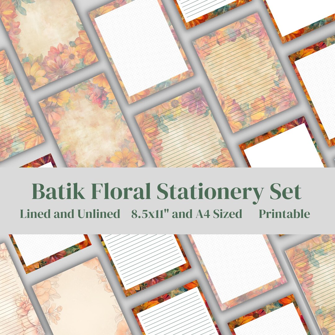 Batik Floral Stationery Printable – Orange Letter Paper – A4 and 8.5 by ...