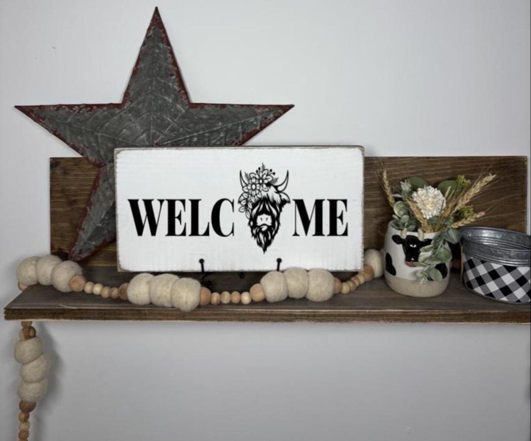 Rustic Wood Sign, Welcome Decor, Highlander Cow, Handmade Wall Decor ...