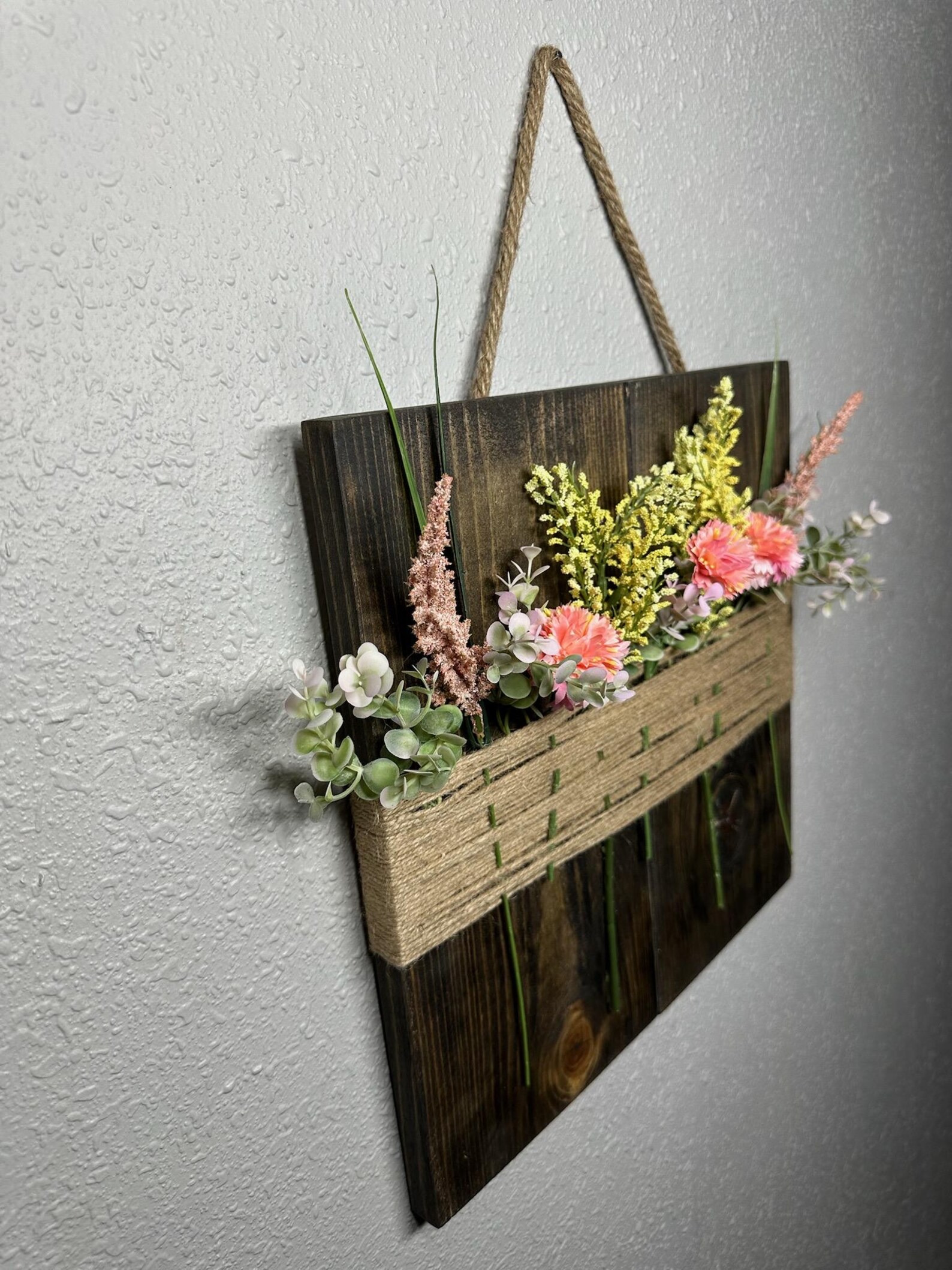 Wood Square Wall Decor, Twine Wrapped, Yellow and Pink Floral ...