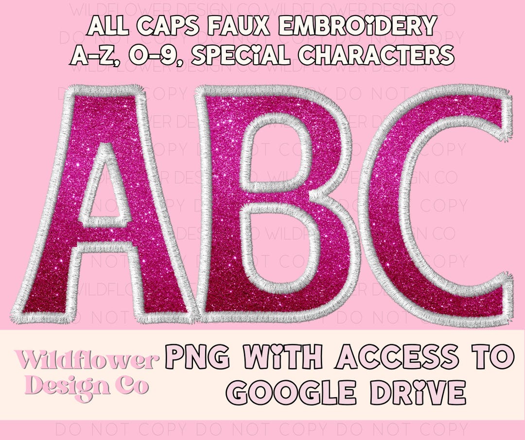 Hot Pink Glitter Faux Embroidery Alpha PNG Bundle, Girly Alpha PNG ...