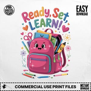 Ready Set Learn Png, School Backpack Clipart, Back to School Png, Cute ...