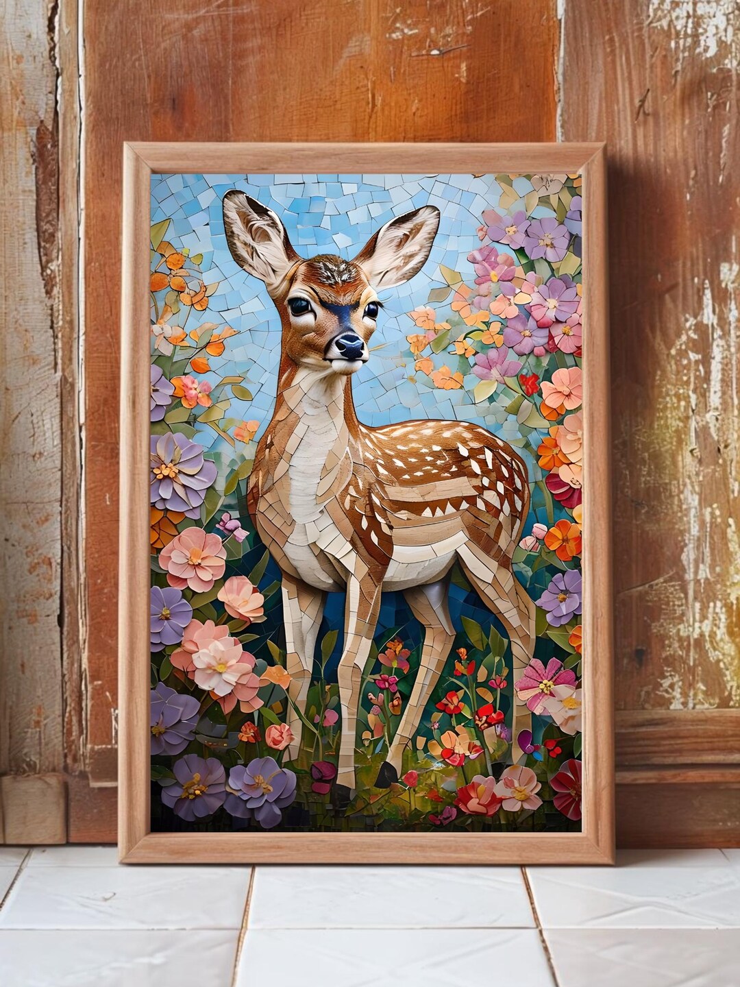 Beautiful Mosaic Illustration of a Fallow Deer Among Colourful Flowers ...