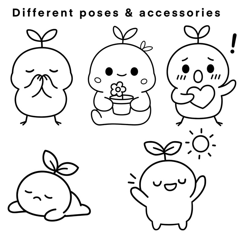 25 Kawaii Sprout Characters Black Line Art Transparent PNG Printable ...