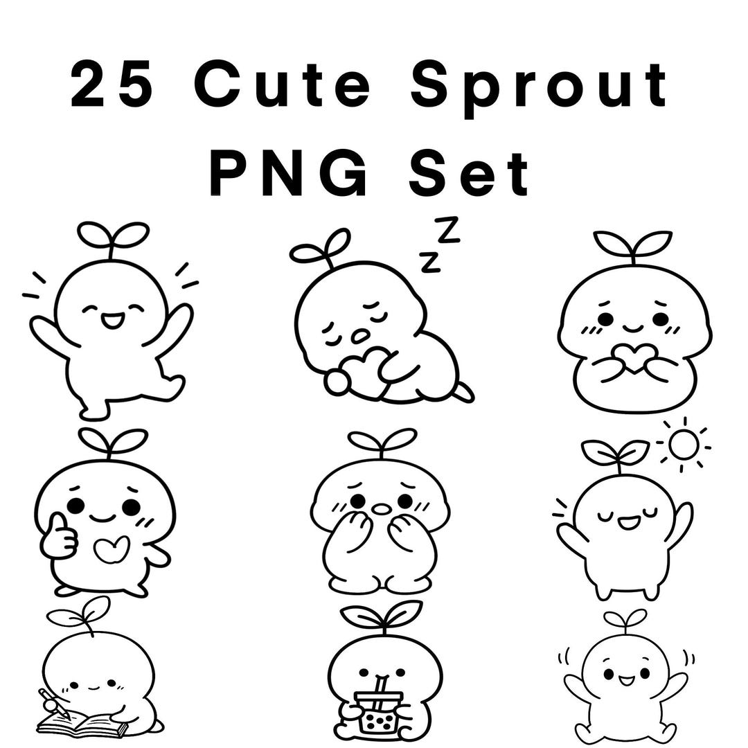 25 Kawaii Sprout Characters Black Line Art Transparent PNG Printable ...