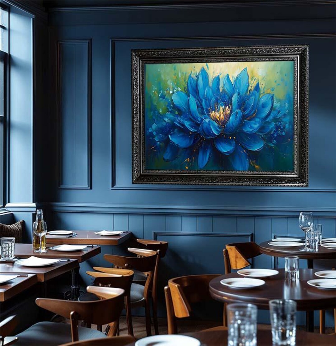 Large Blue Flower Wall Art – Bold Modern Floral Artwork With Golden ...