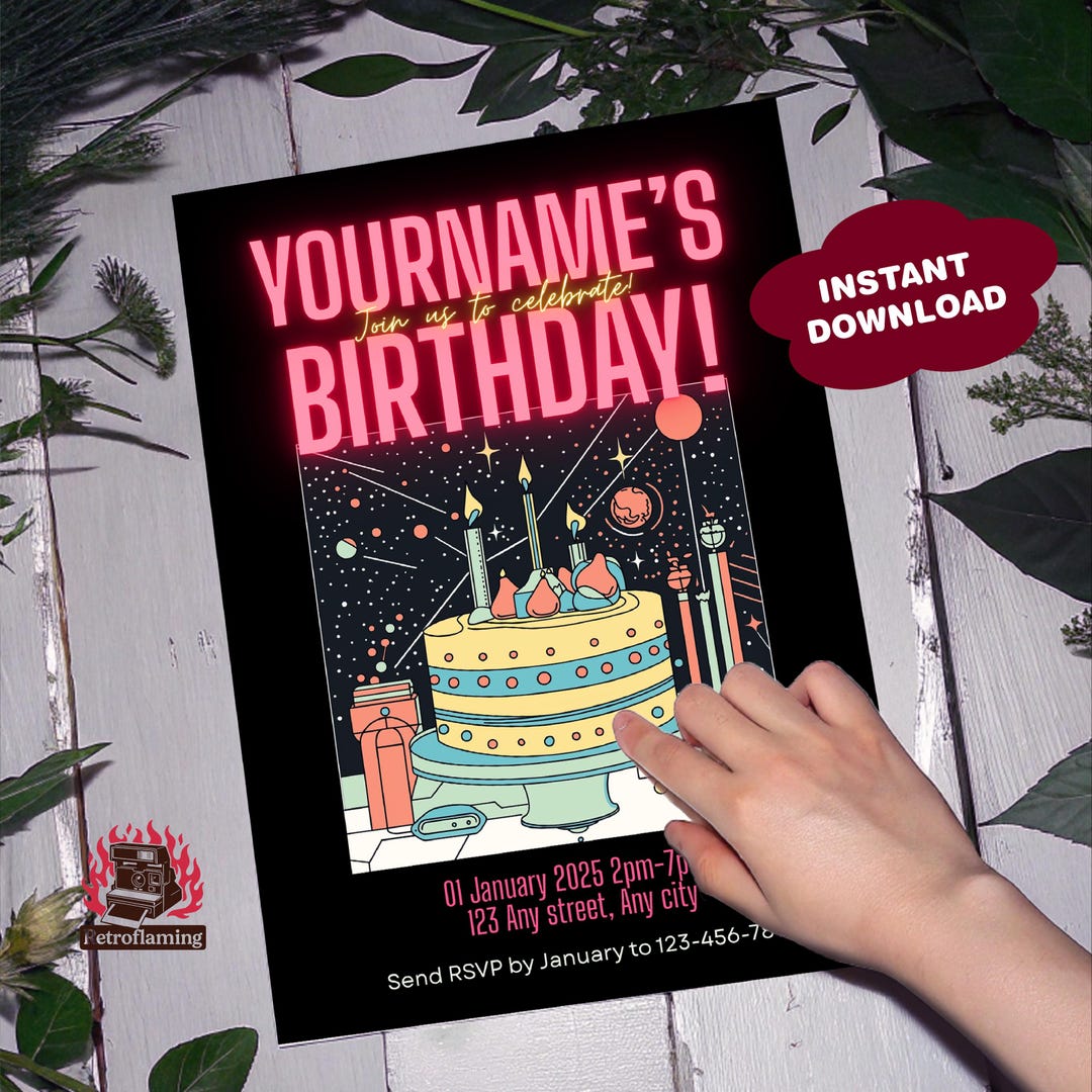 Retro Neon Black Pink Birthday Invitation Gen Z Celebration | Printable ...