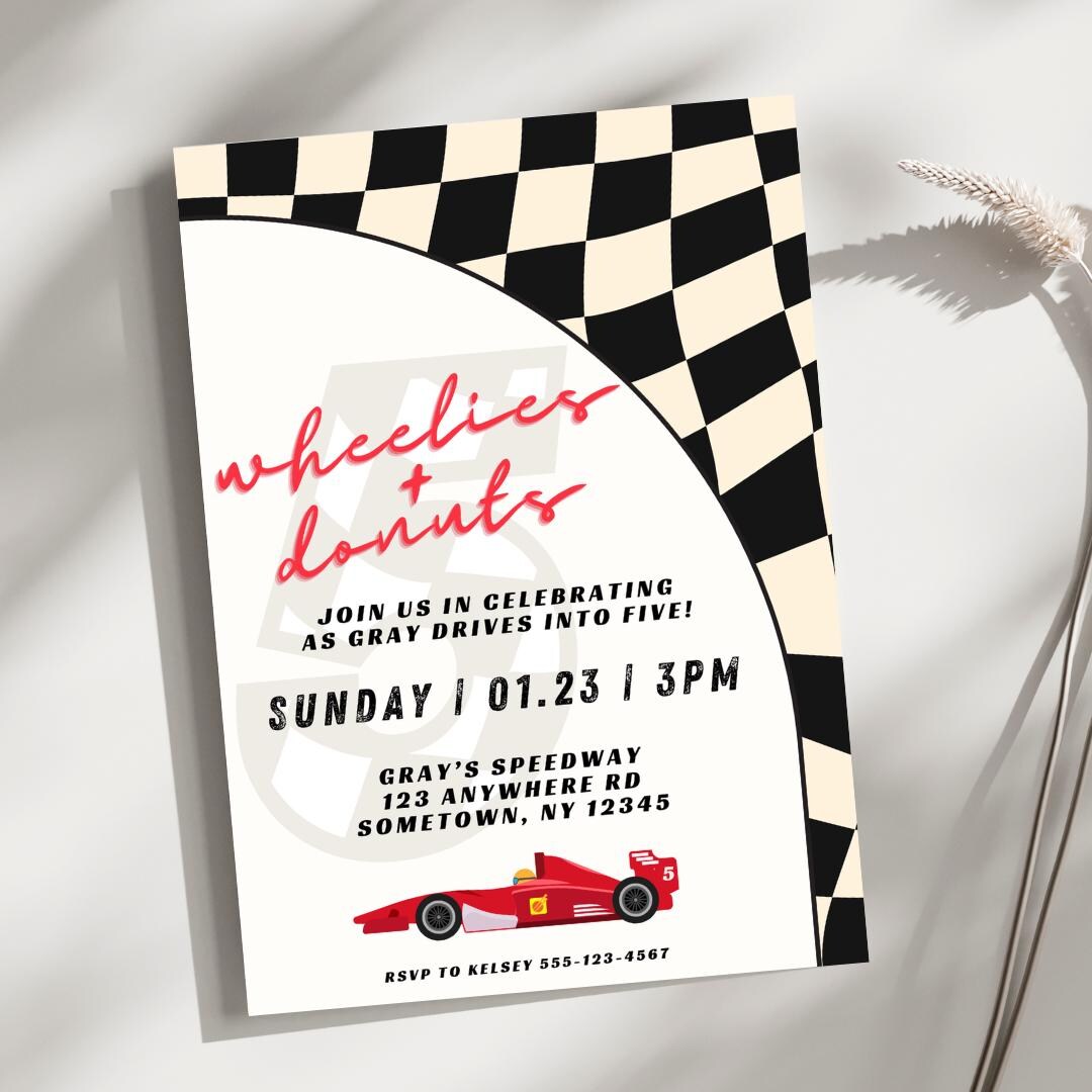 Race Car Theme Birthday Invitation, Drive Into Five, 5th Fifth Birthday ...