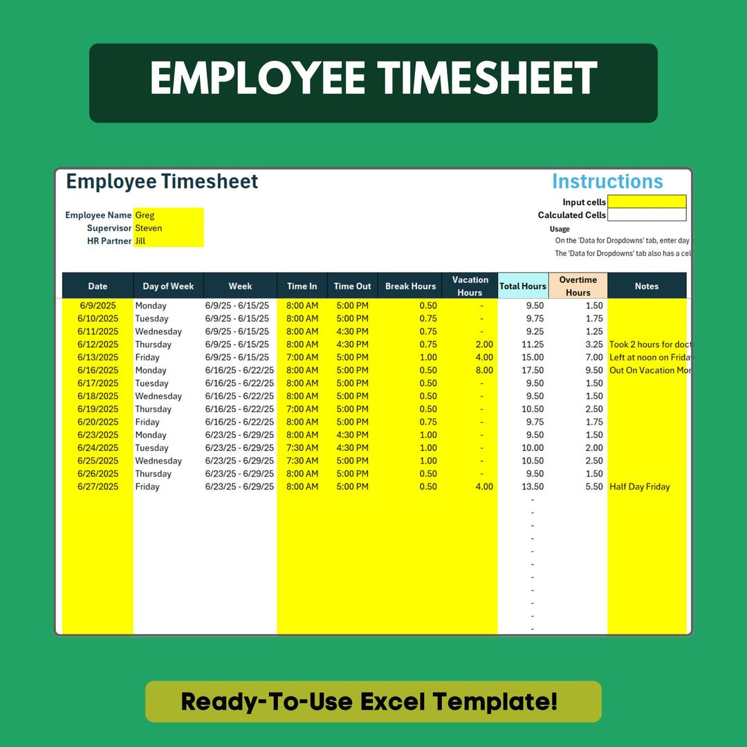 Employee Timesheet Excel Template | Digital Time Tracker | Work Hours ...