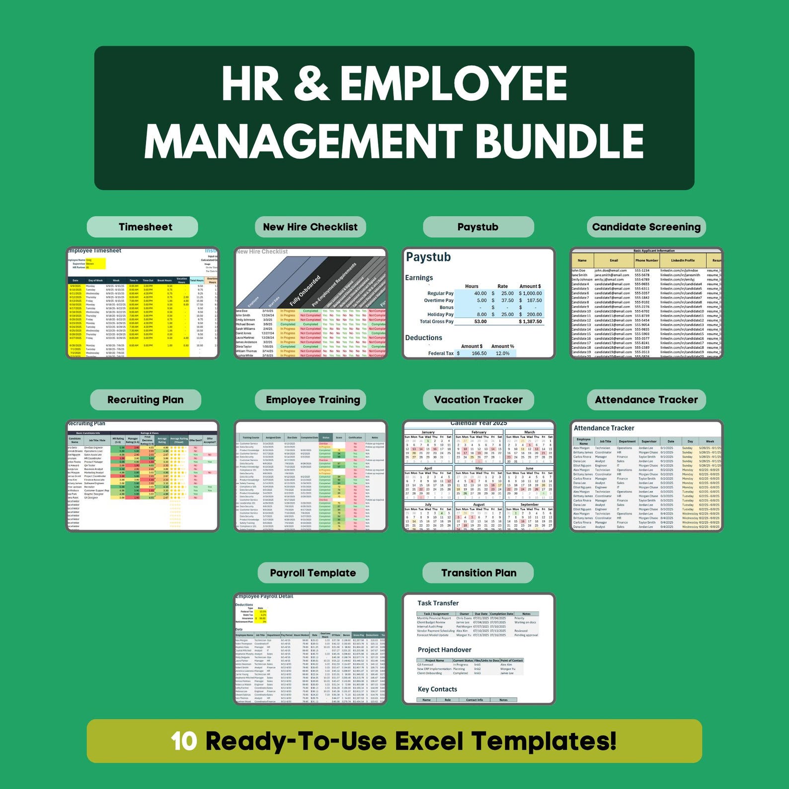HR & Employee Management Spreadsheet | Payroll, Attendance, Hiring and ...