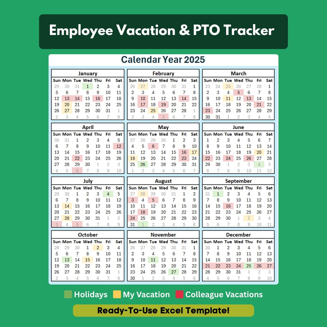 Vacation Tracking Template Excel Calendar Digital Download Office ...