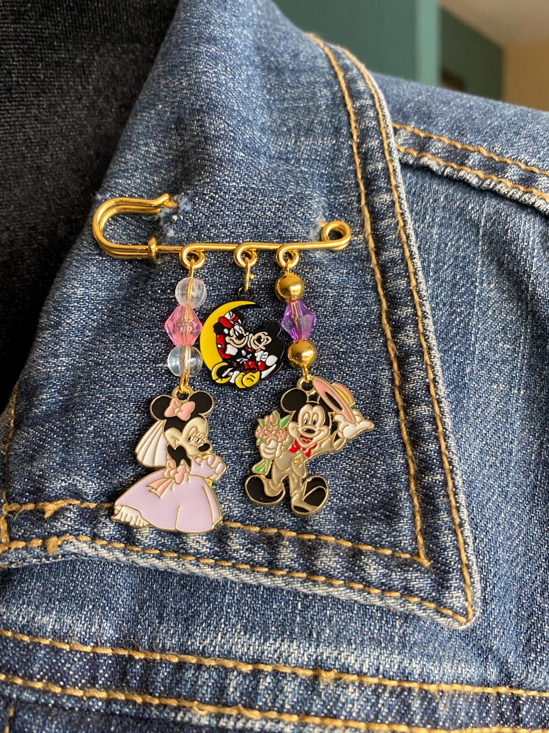 Mickey & Minnie Ready for Their Big Date! Gold Safety Pin With Three ...