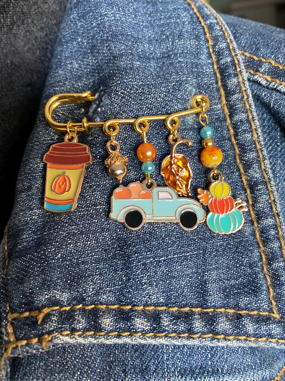 Fall Gold Safety Pin With a Blue Truck Hauling Pumpkins, a Pumpkin ...