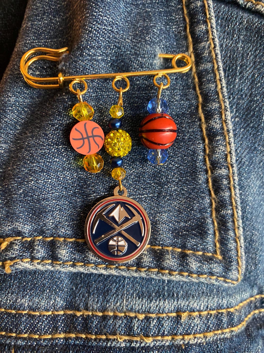 Denver Nuggets Basketball Safety Pin. There is a Nuggets Charm, and Two ...
