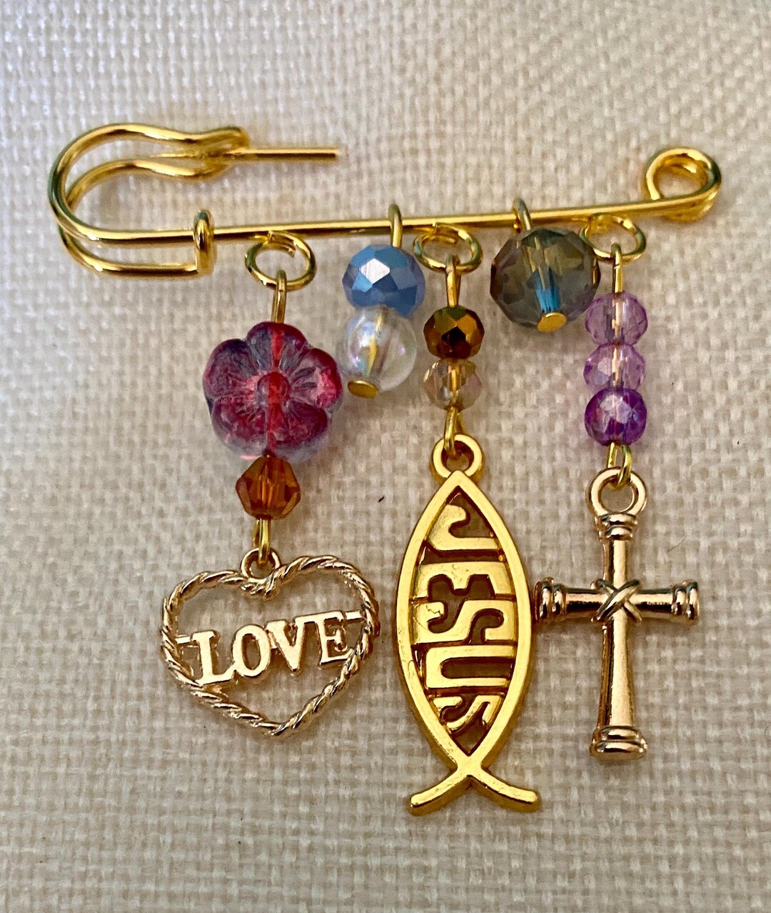 Christian Symbols on Gold Safety Pin/broach With Including a JESUS Fish ...