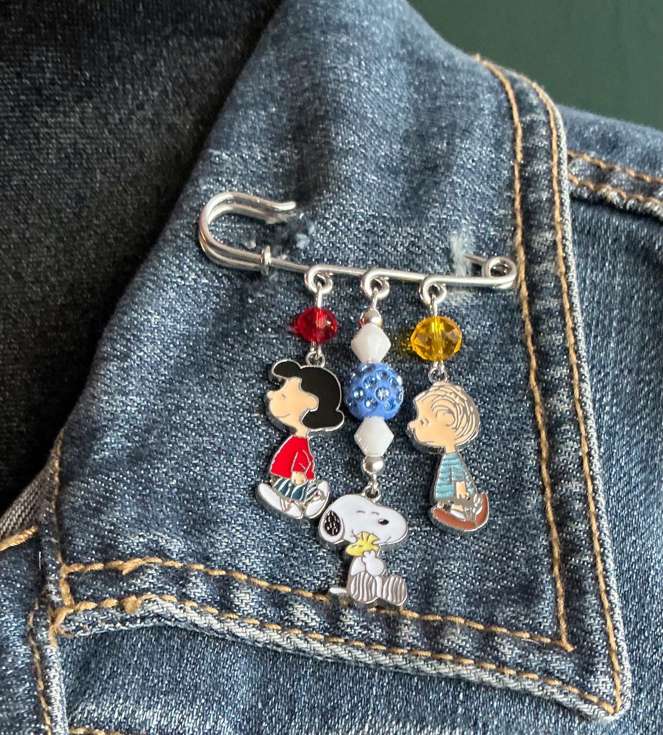 PEANUTS Silver Safety Pin With Snoopy and Woodstock, Lucy and Linus Too ...