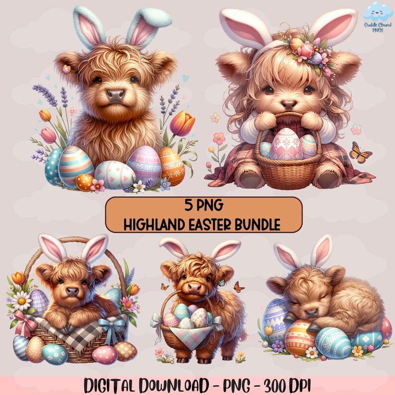 Easter Highland Rabbit Bundle PNG, Cute Highland PNG, Animal Clipart ...