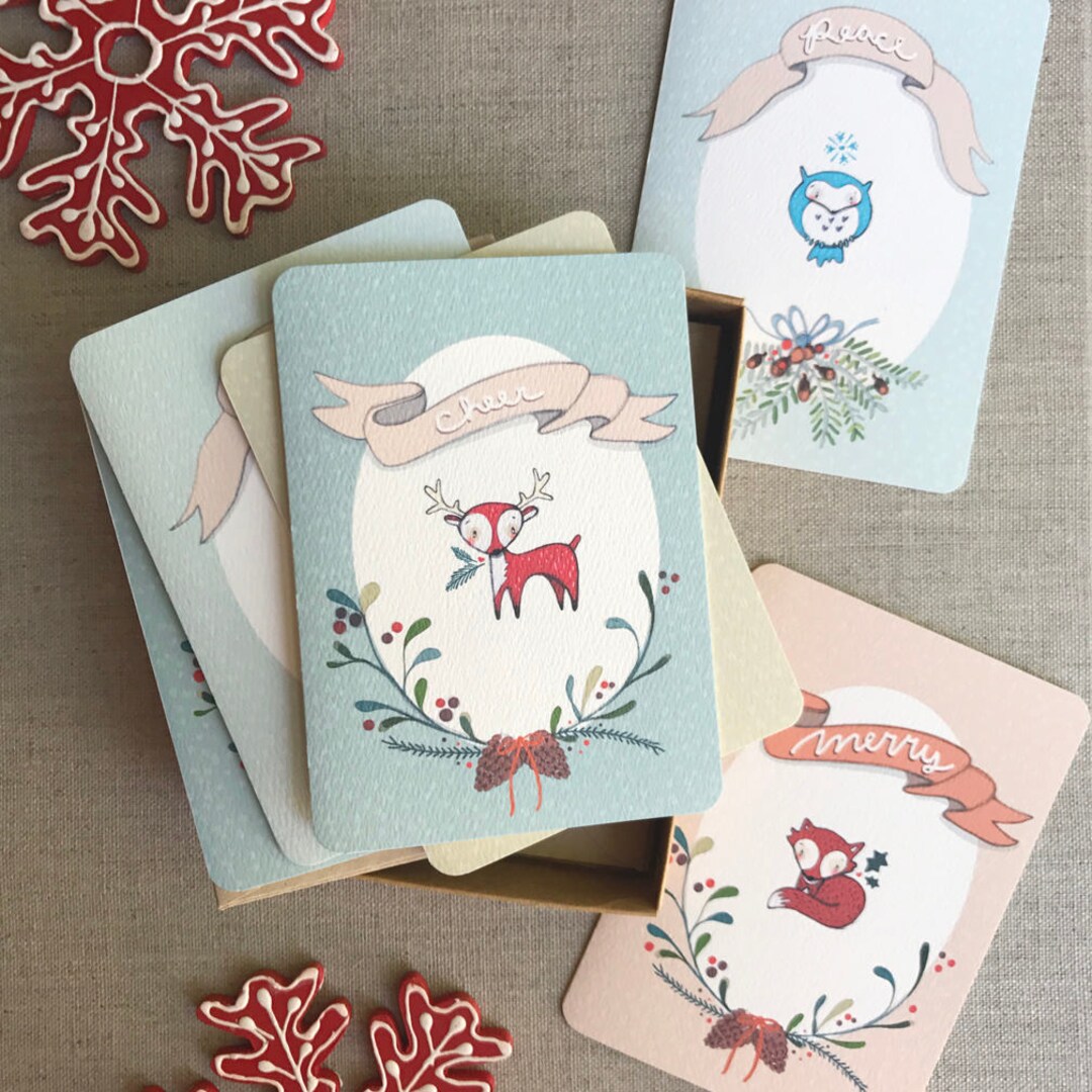 Woodland Creatures Christmas Cards: Illustrated Holiday Card Set - Etsy