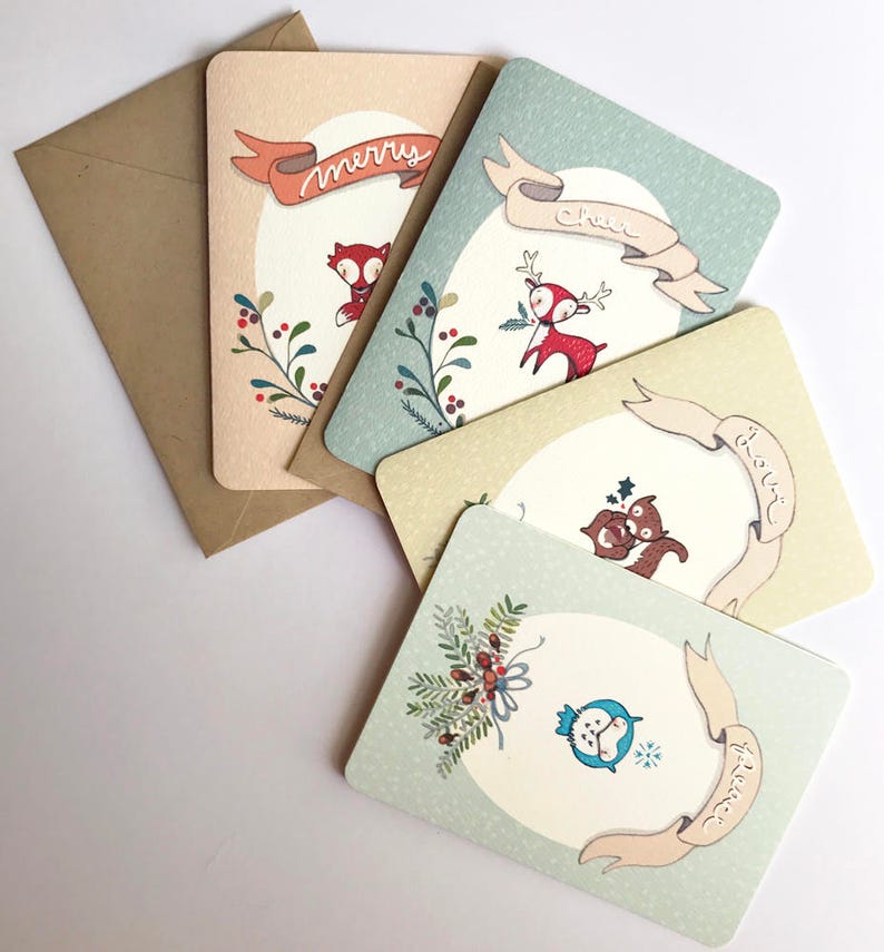 Woodland Creatures Christmas Cards: Illustrated Holiday Card Set - Etsy