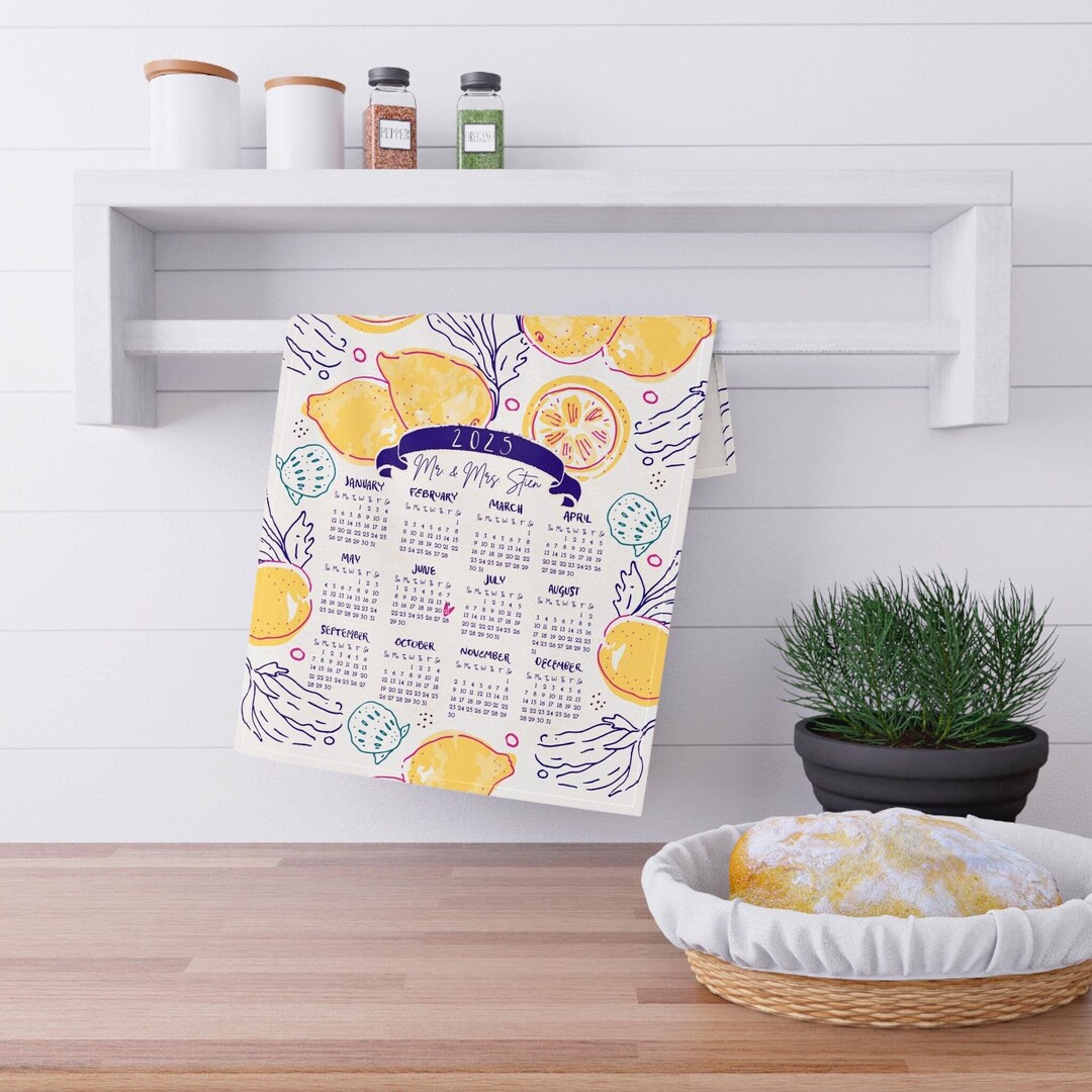 2025 Calendar Kitchen Towel, Personalized Holiday Gift With Lemon and ...