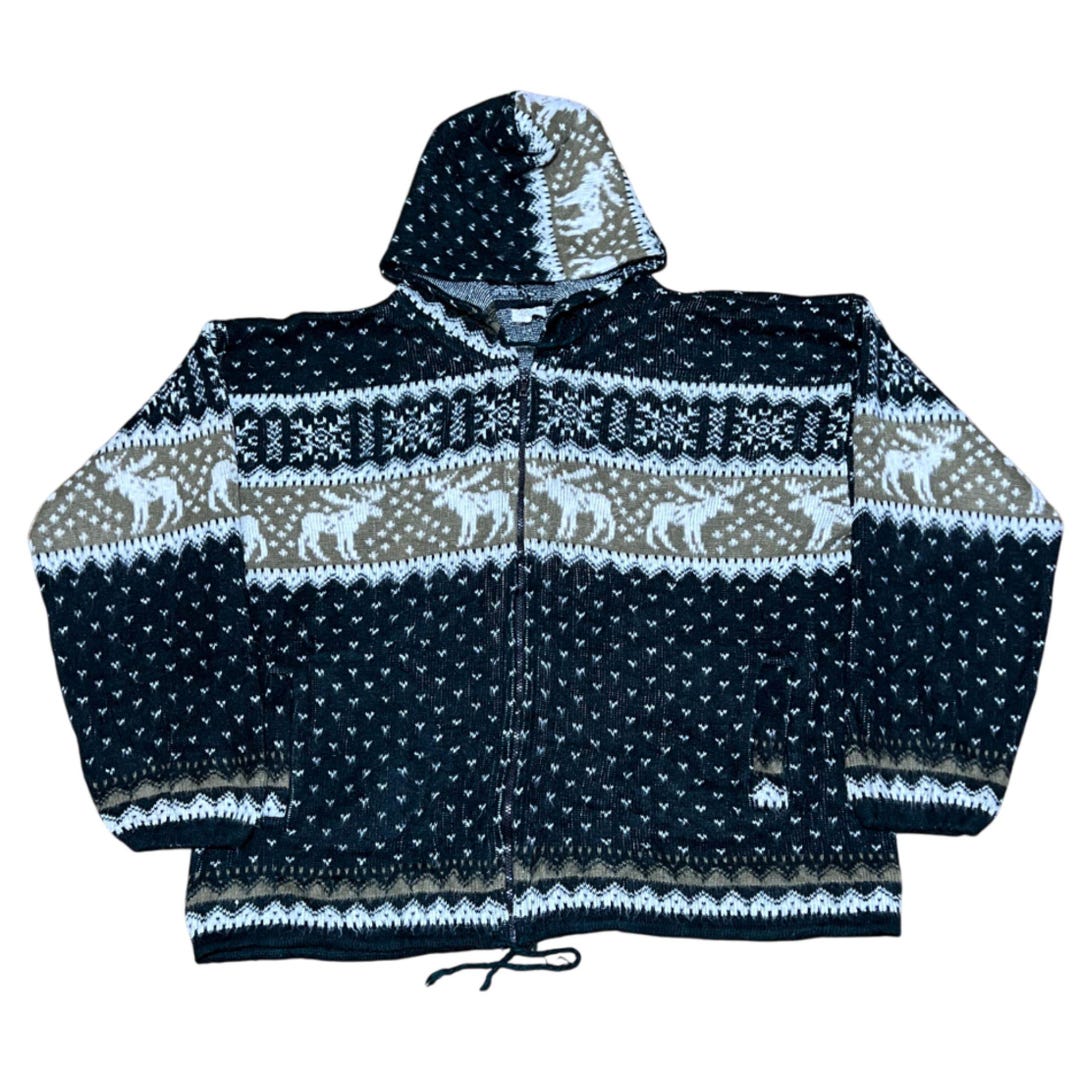 Vintage Ecuadorian Wool Hoodie: Handmade Deer Knit Zip-up - Etsy