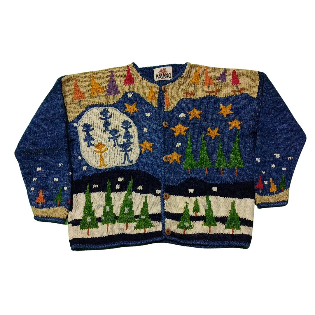 Vintage Amano Hand Knitted Cardigan Sweater Alien Night Scene Wool Art ...