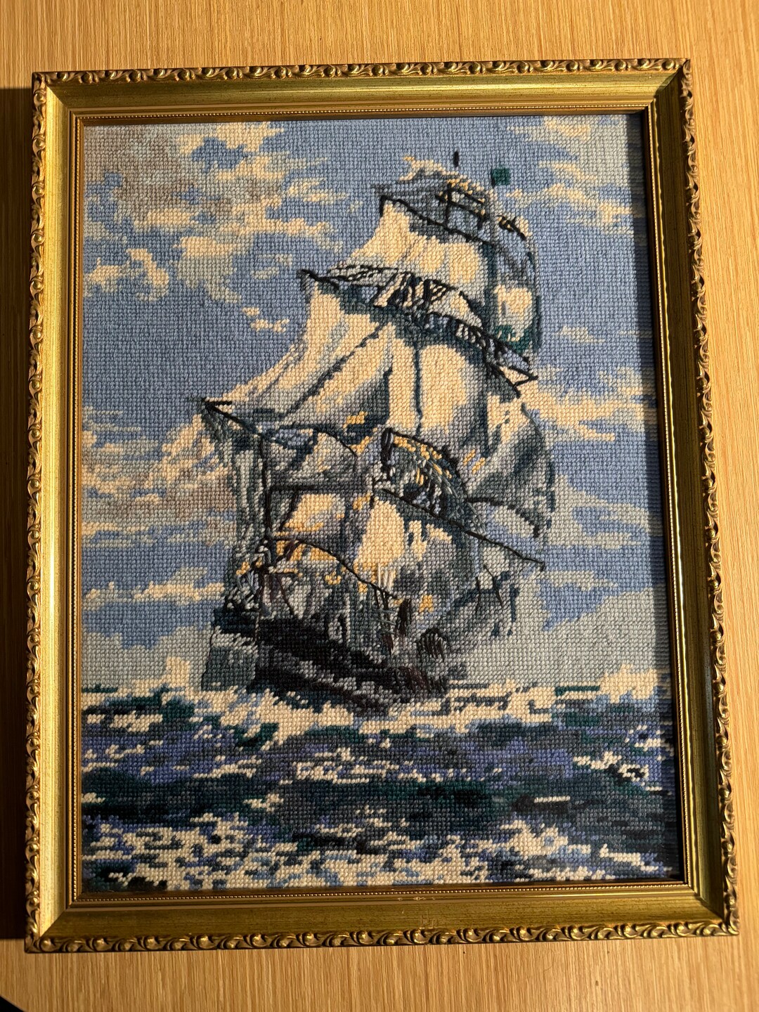 Vintage FRAMED Blue Needlepoint Picture CLIPPER Nautical Sailing Ship ...