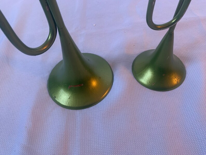 2 Vintage BUGLE Trumpet Green Metal Taper Candle Holders Xmas - Etsy