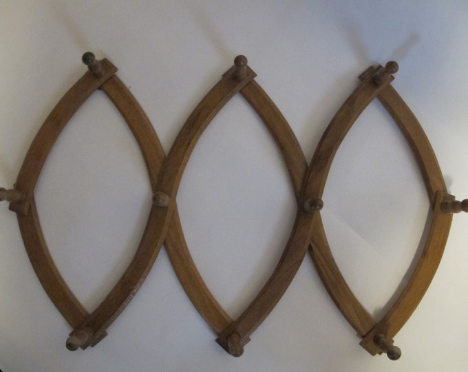 Vintage CURVED Large Wood Accordion Rack 10 Peg Expandable Wall Coat ...