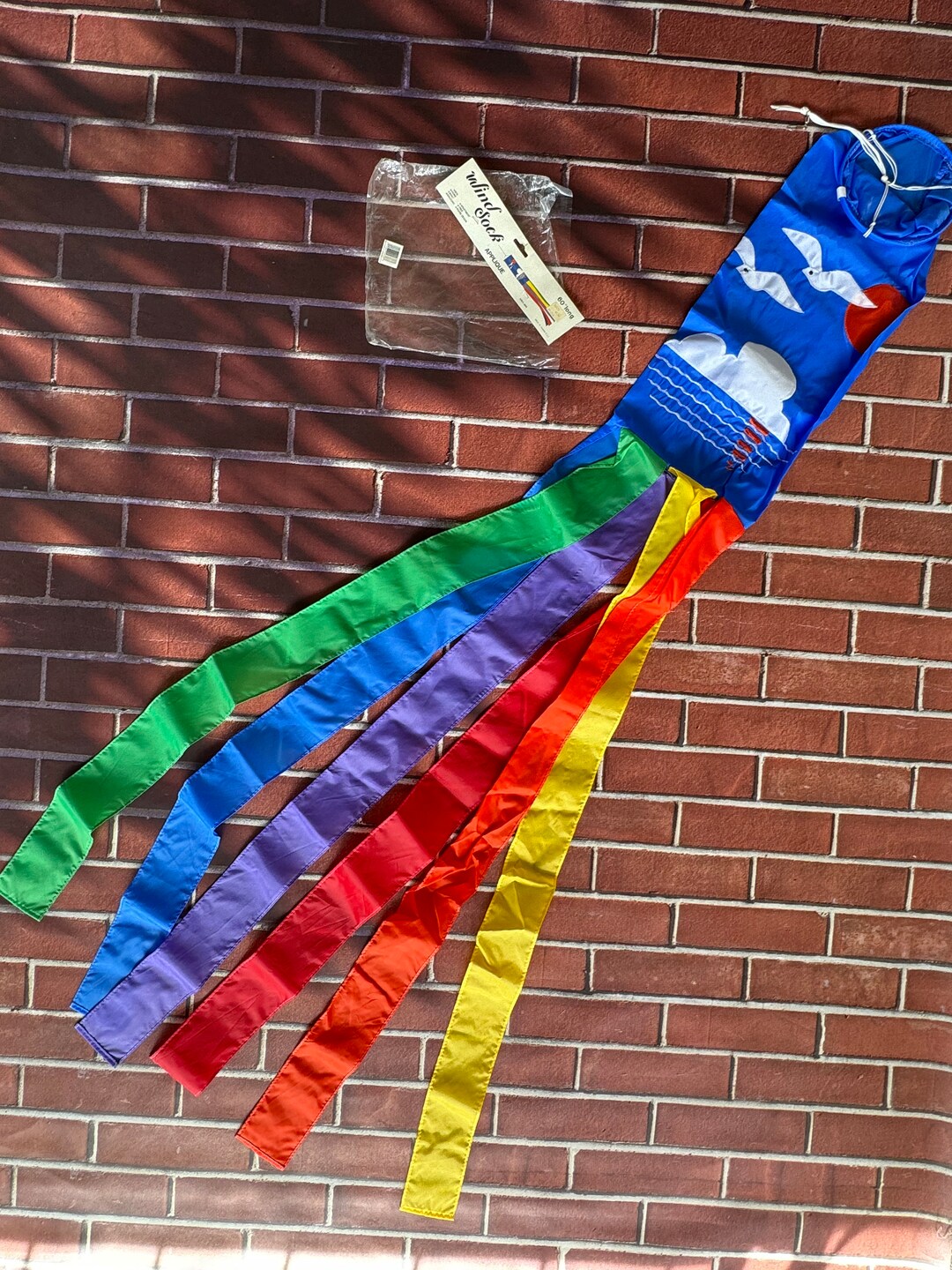 Vintage 1980's Rainbow 60" WINDSOCK Applique Seagulls Sunset Ocean ...