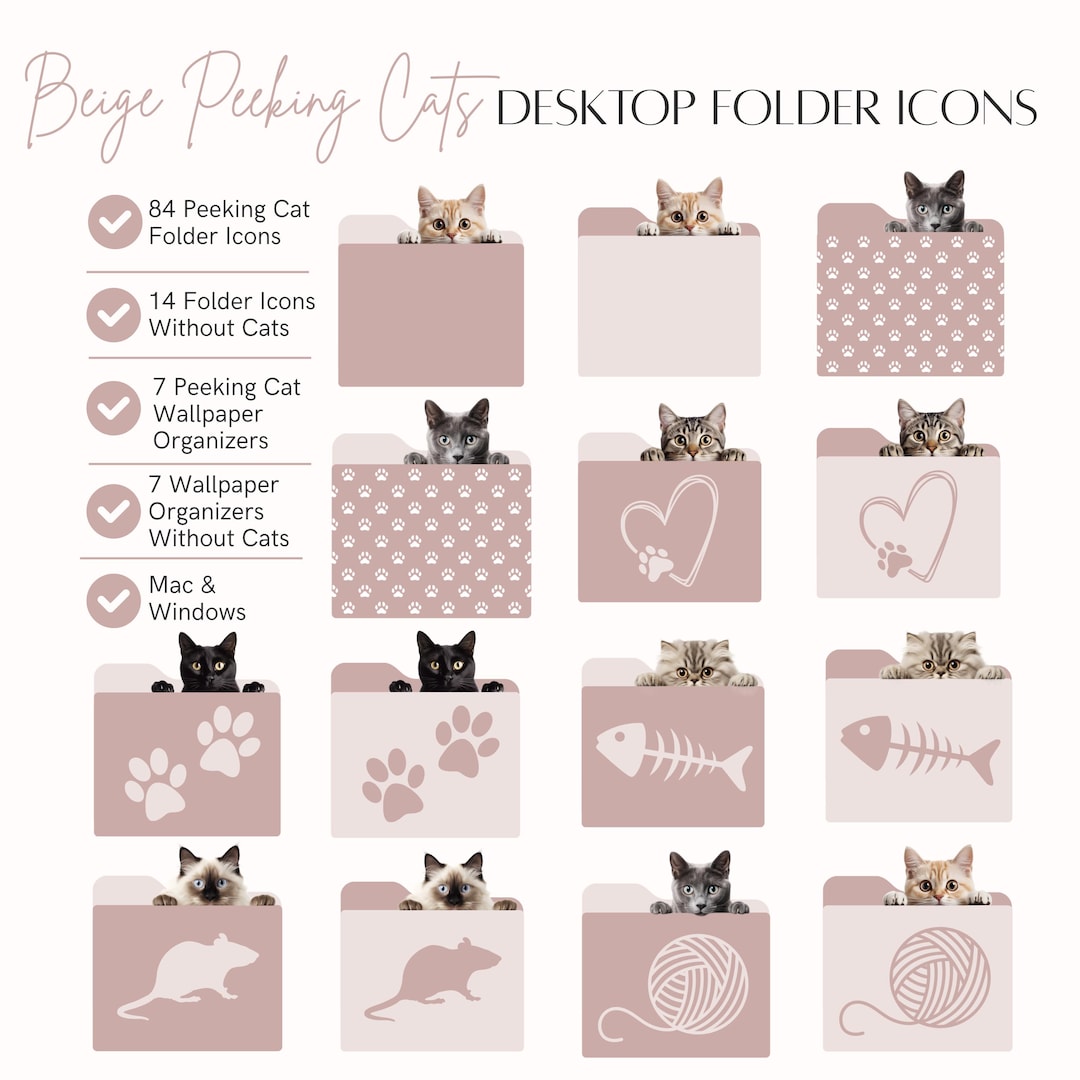 Peeking Cats Folder Icon Pack, Beige Whimsical Wallpaper Organizer, Cat ...