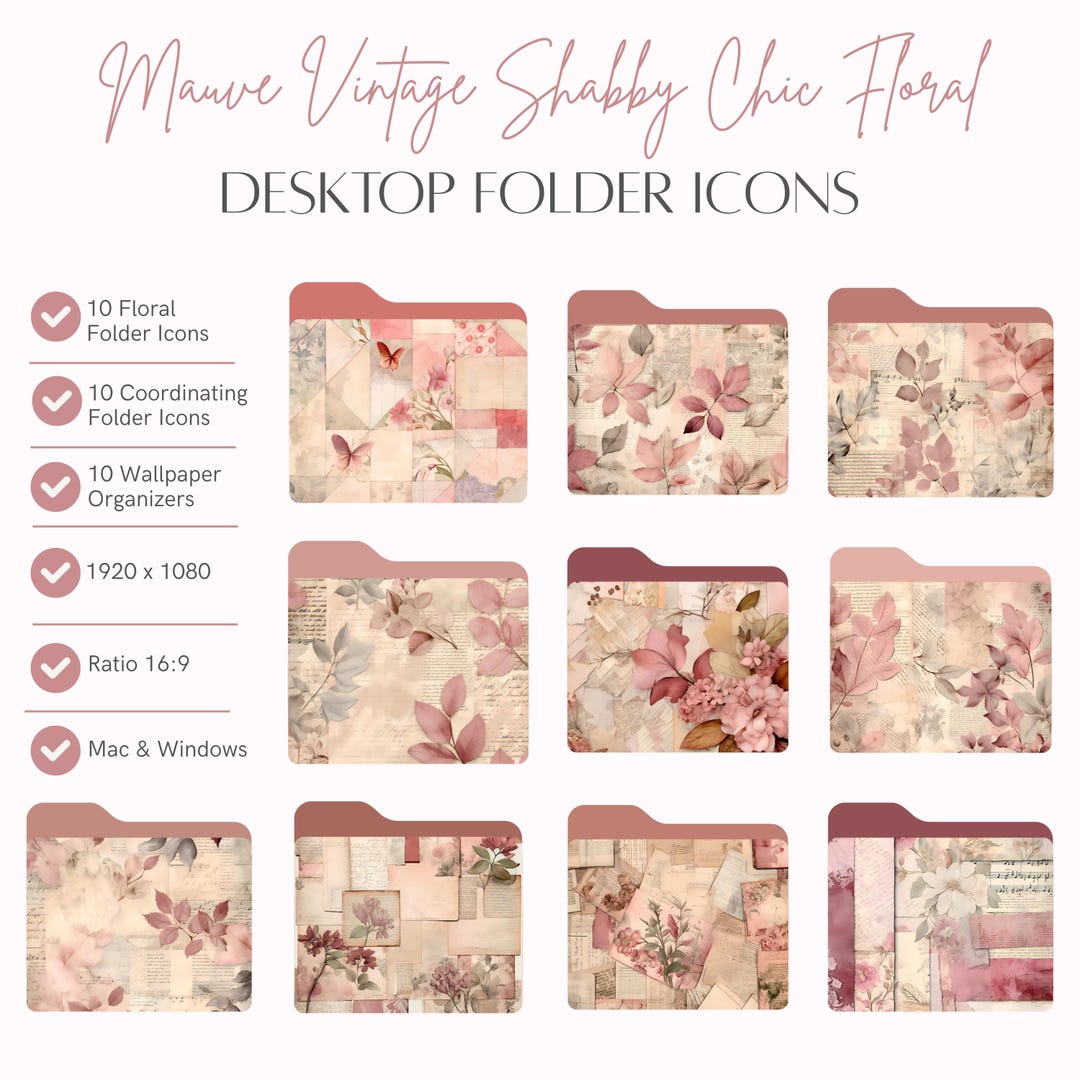 Mauve Floral Folder Icon Pack, Shabby Chic Wallpaper Organizer, Vintage ...