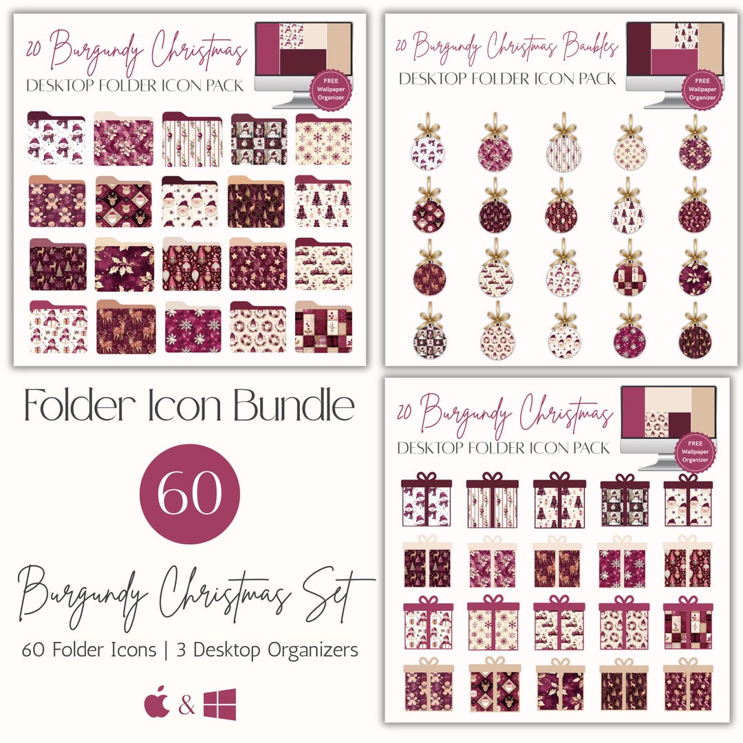 Burgundy Christmas Folder Icon Bundle – 60 Festive Icons & Desktop ...