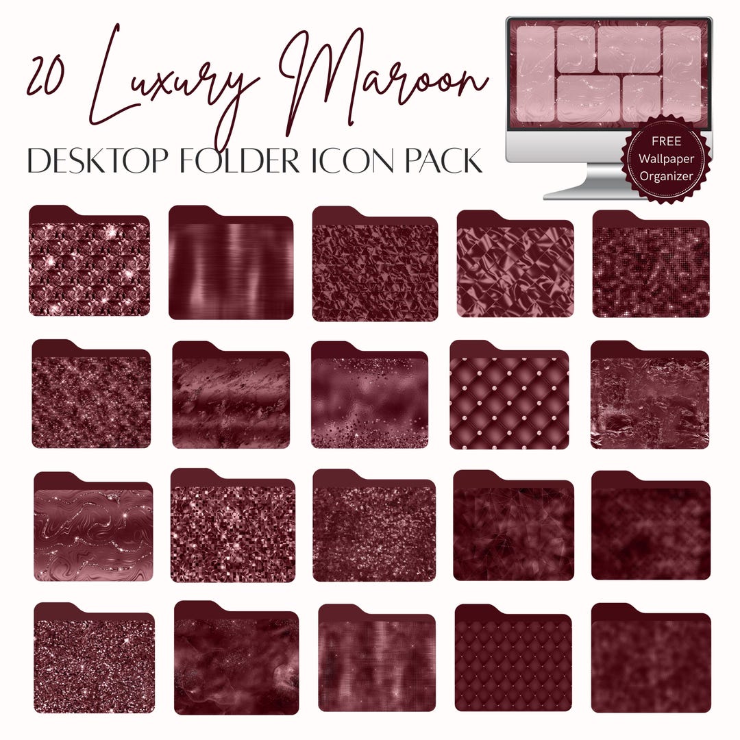 Luxury Maroon Desktop Folder Icon Pack for Mac & Windows, Glitter Glam ...