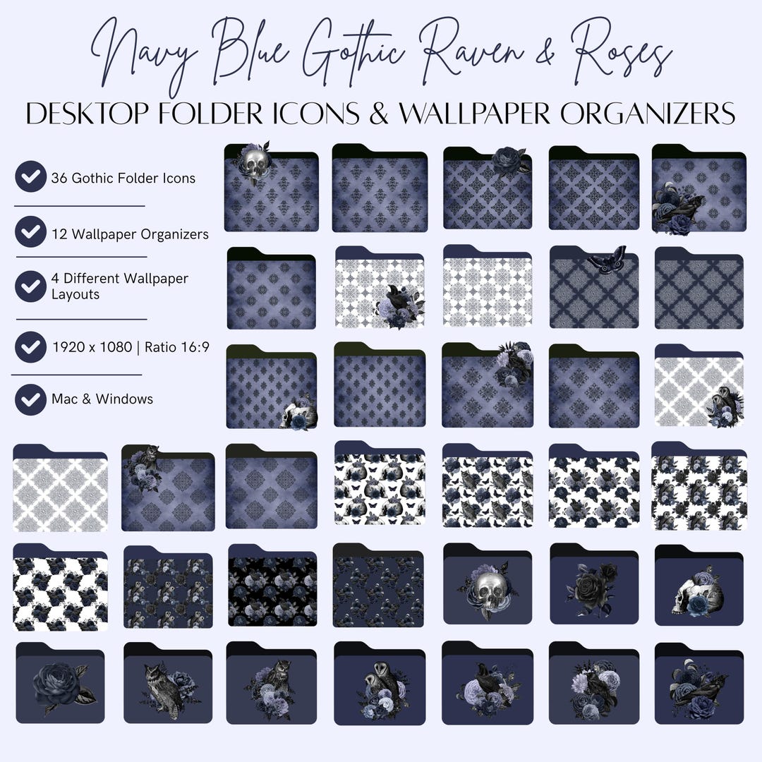 36 Gothic Blue Folder Icon Pack for Mac & Windows, 12 Raven and Roses ...